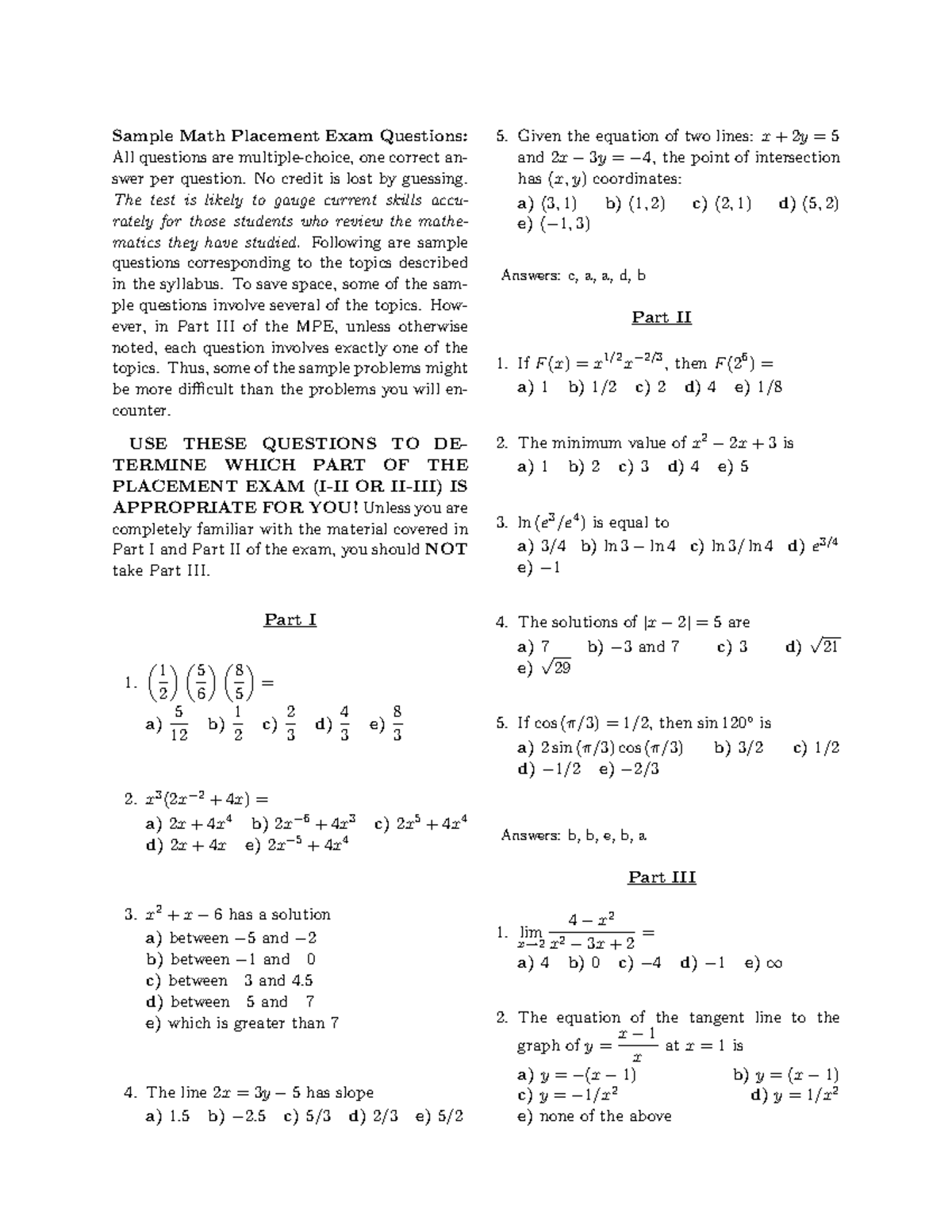 Sample Math Placement Exam Questions & Answers (MPE) - Studocu