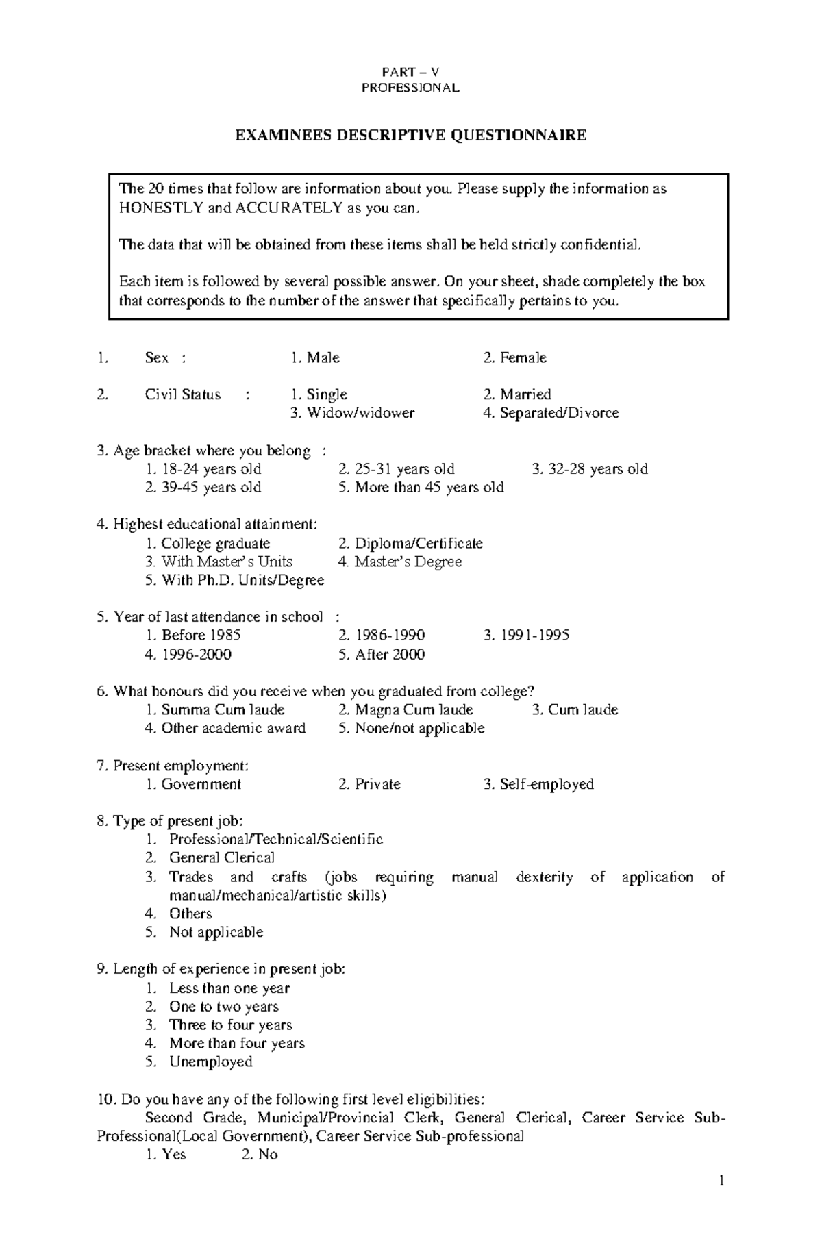 CSE Reviewer: Professional Exam Descriptive Questionnaire and Practice ...