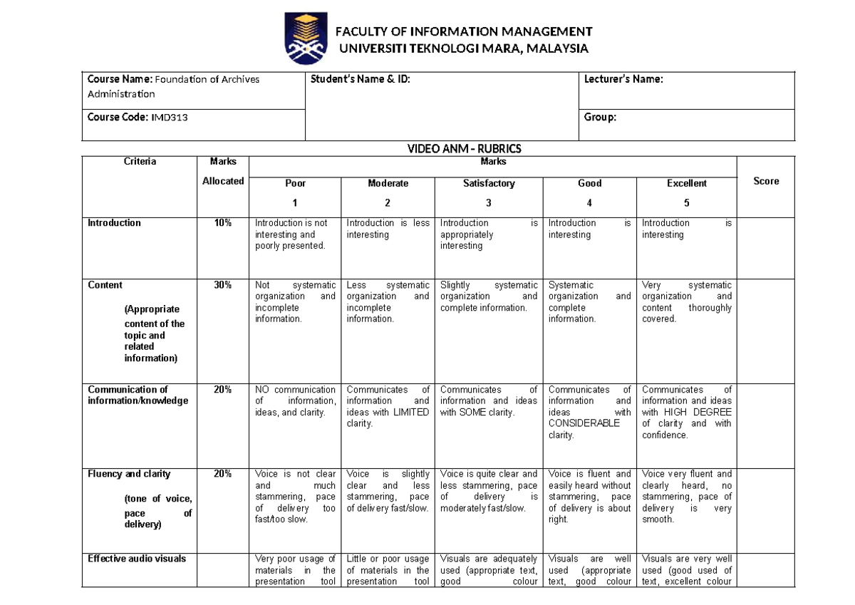 IMD313 Video ANM Rubric Evaluation Criteria and Scoring Guide - Studocu