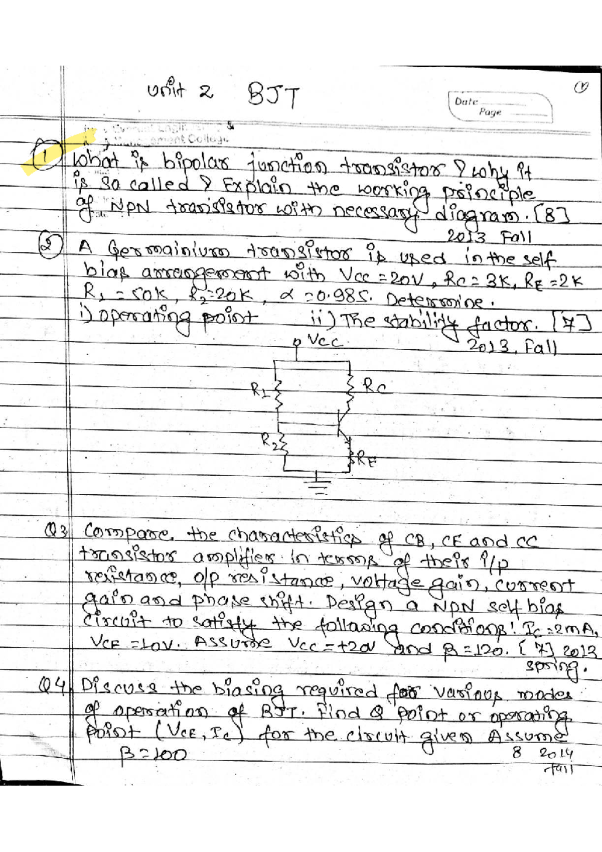 BJT Questions - Bipolar Junction Transistor (ENG 101) - Studocu