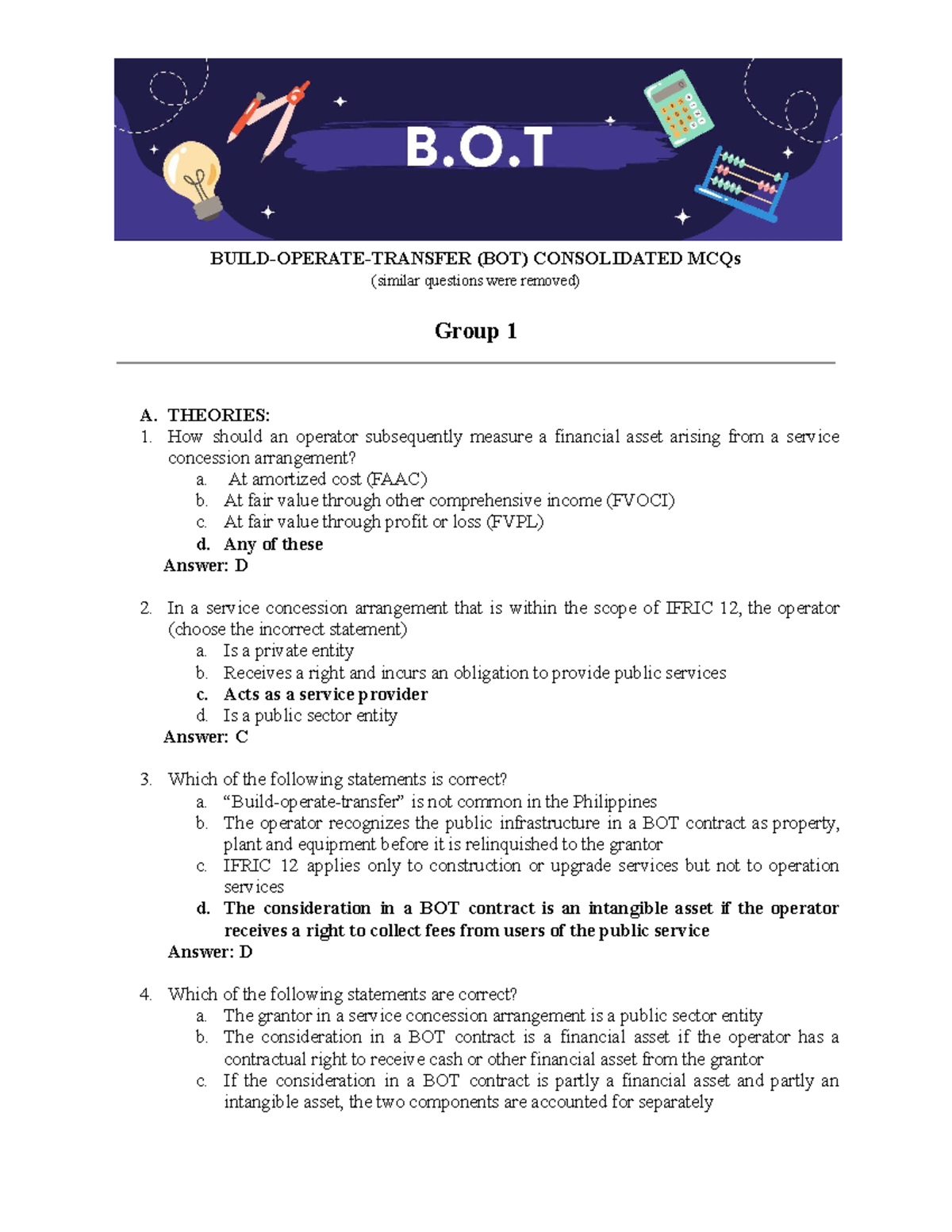 BOT (Build-Operate-Transfer) MCQs Consolidated Study Material - Studocu