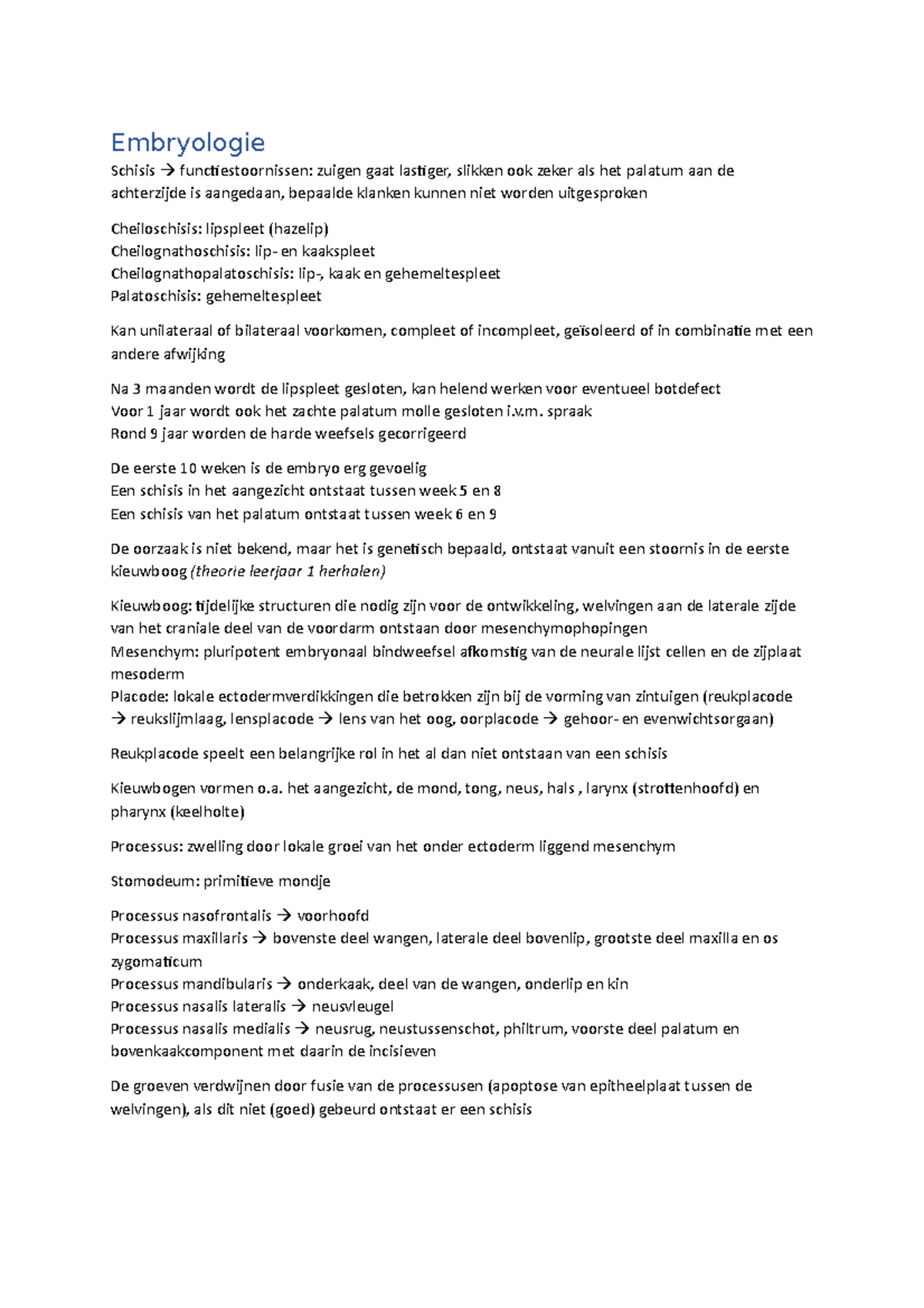 Samenvatting G&O: Embryologie en Ontwikkeling van Schisis - Studeersnel