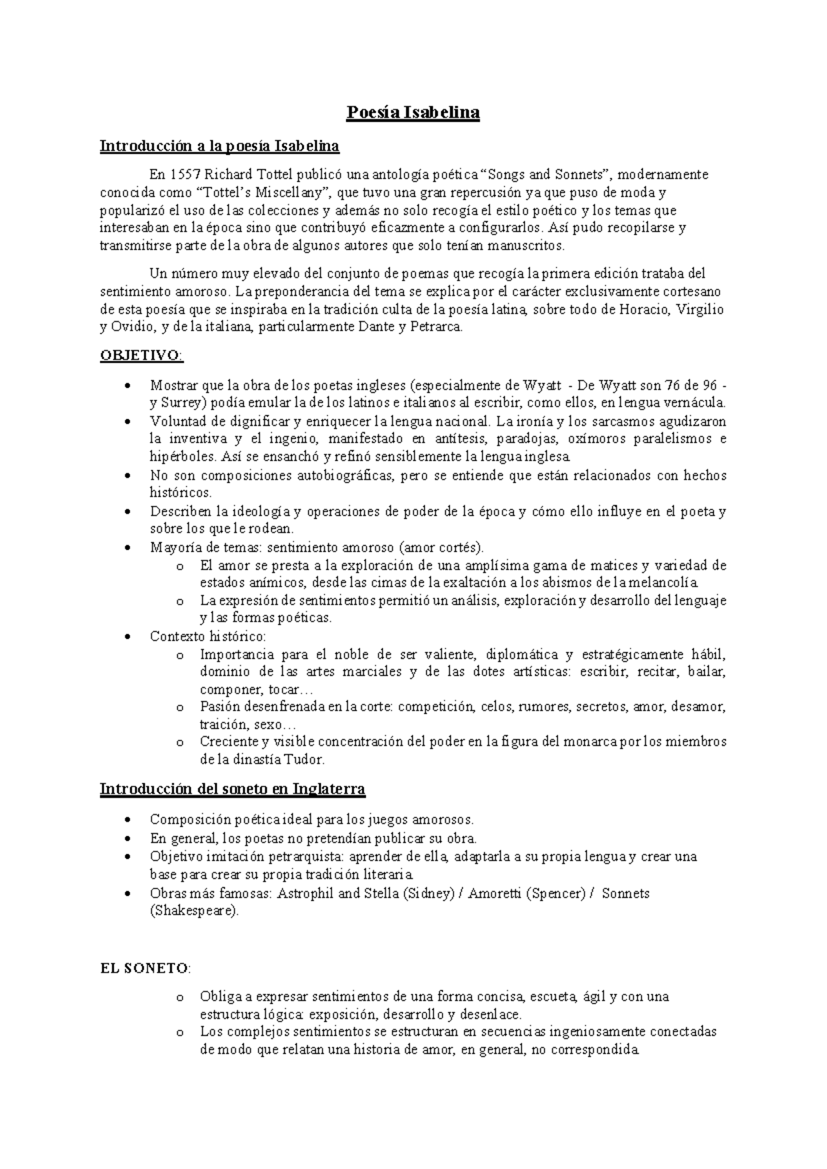 Tema 4 - Apuntes sobre la Poesía Isabelina y sus Poetas (Wyatt, Surrey ...