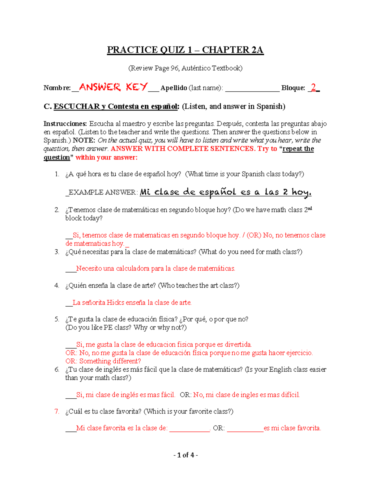Practice Quiz 1 – Chapter 2A (Spanish Class, Answer Key) - PRACTICE ...