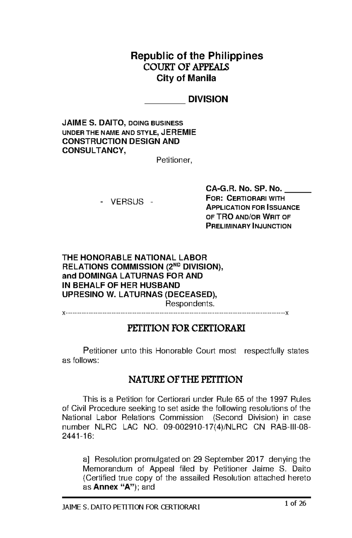 Petition for Certiorari under Rule 65 - Sample Format Document - Studocu