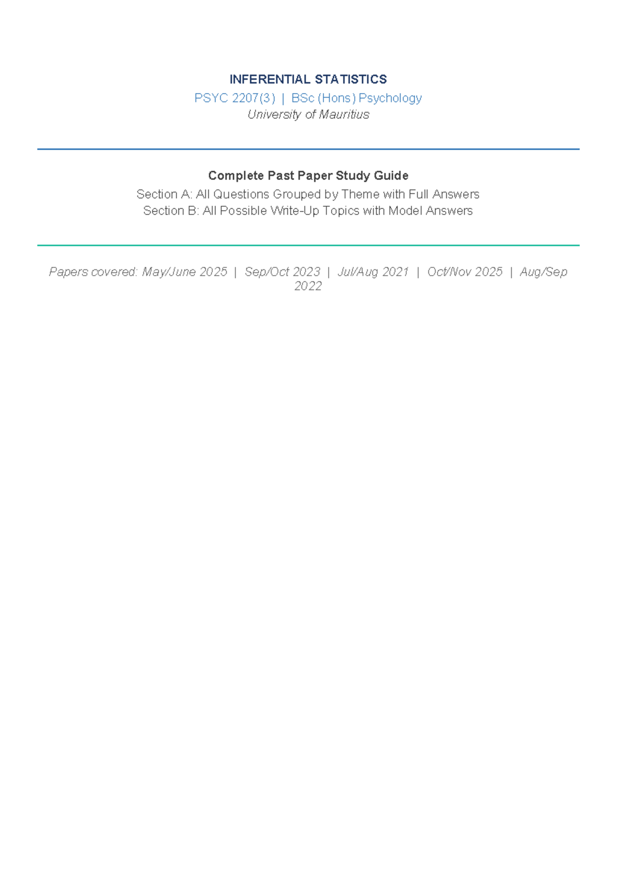 Inferential Statistics Study Guide PSYC 2207(3) - Past Papers & Answers ...