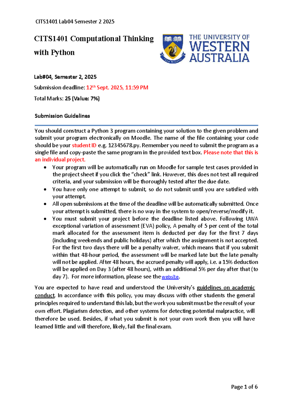 CITS1401 Lab04 Submission Guidelines and Project Overview - Sem 2, 2025 - Studocu
