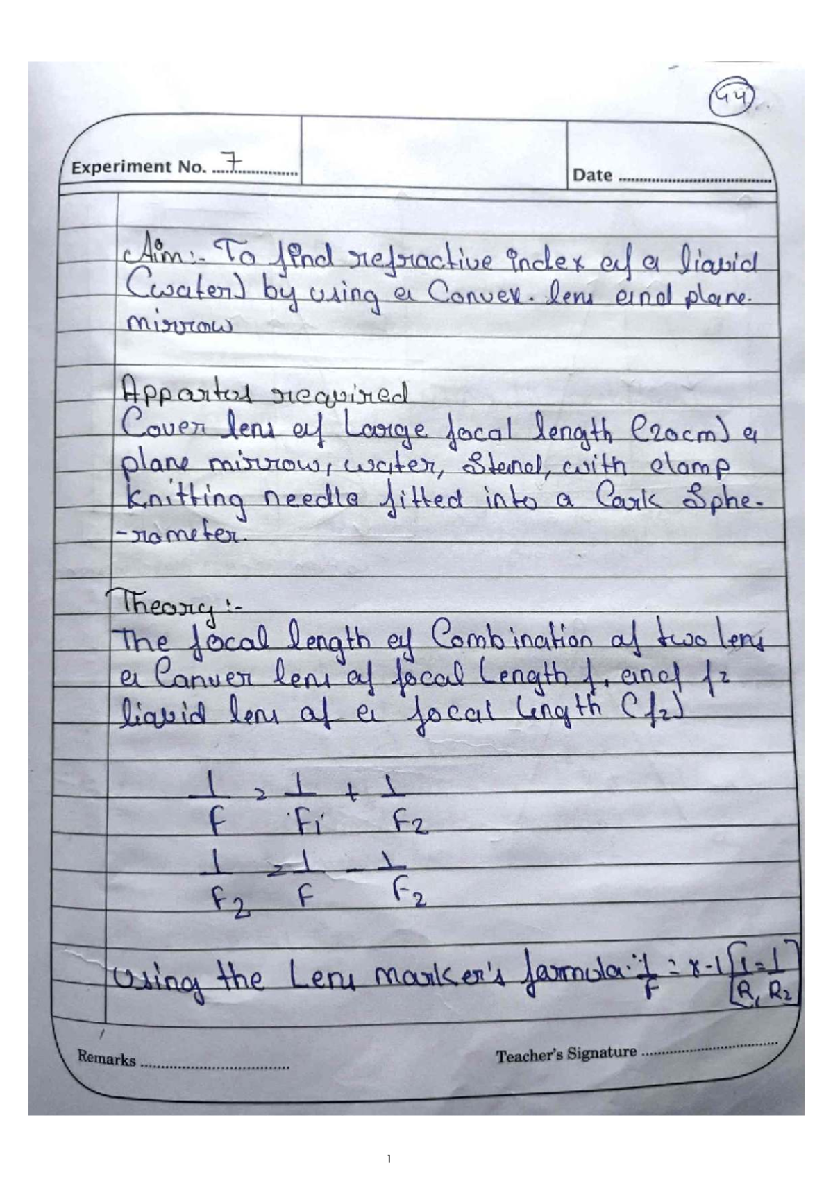 Experiment No. 7: Finding Refractive Index of Water Using Convex Lens ...