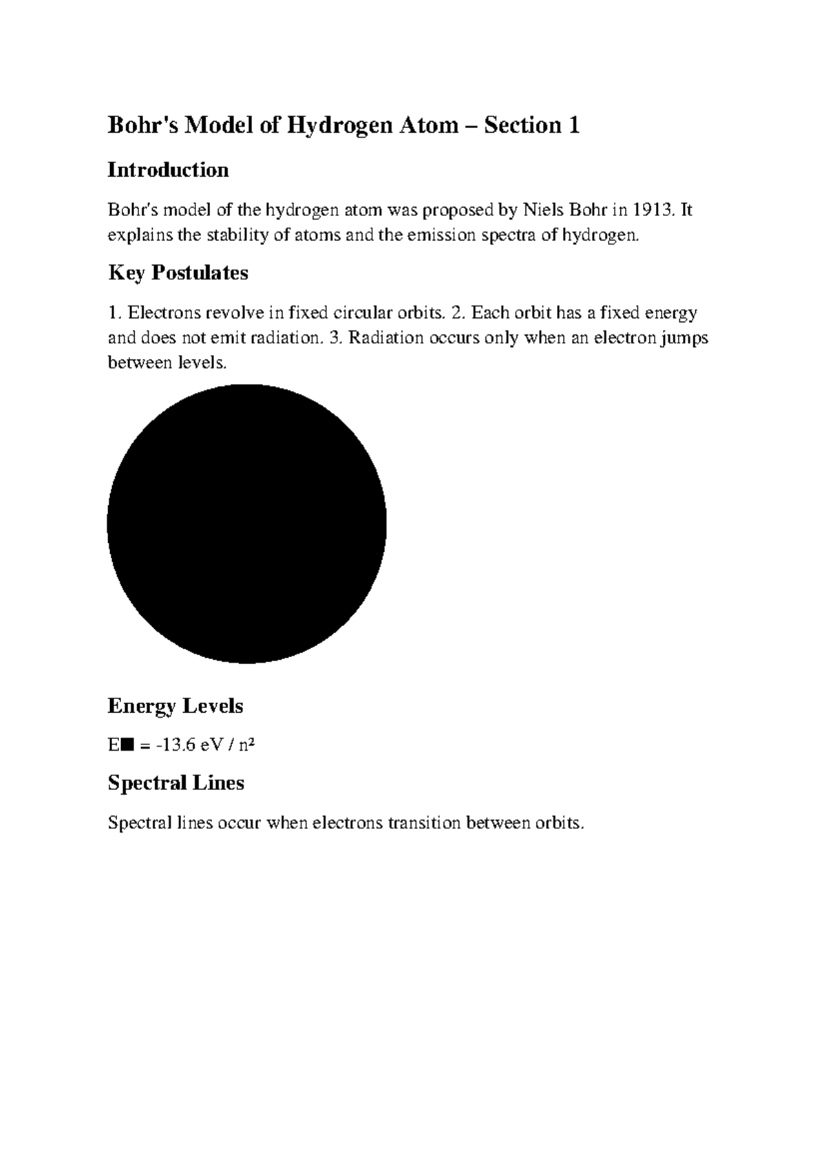 Bohr Model of Hydrogen Atom: Key Concepts & Conclusions - Studocu