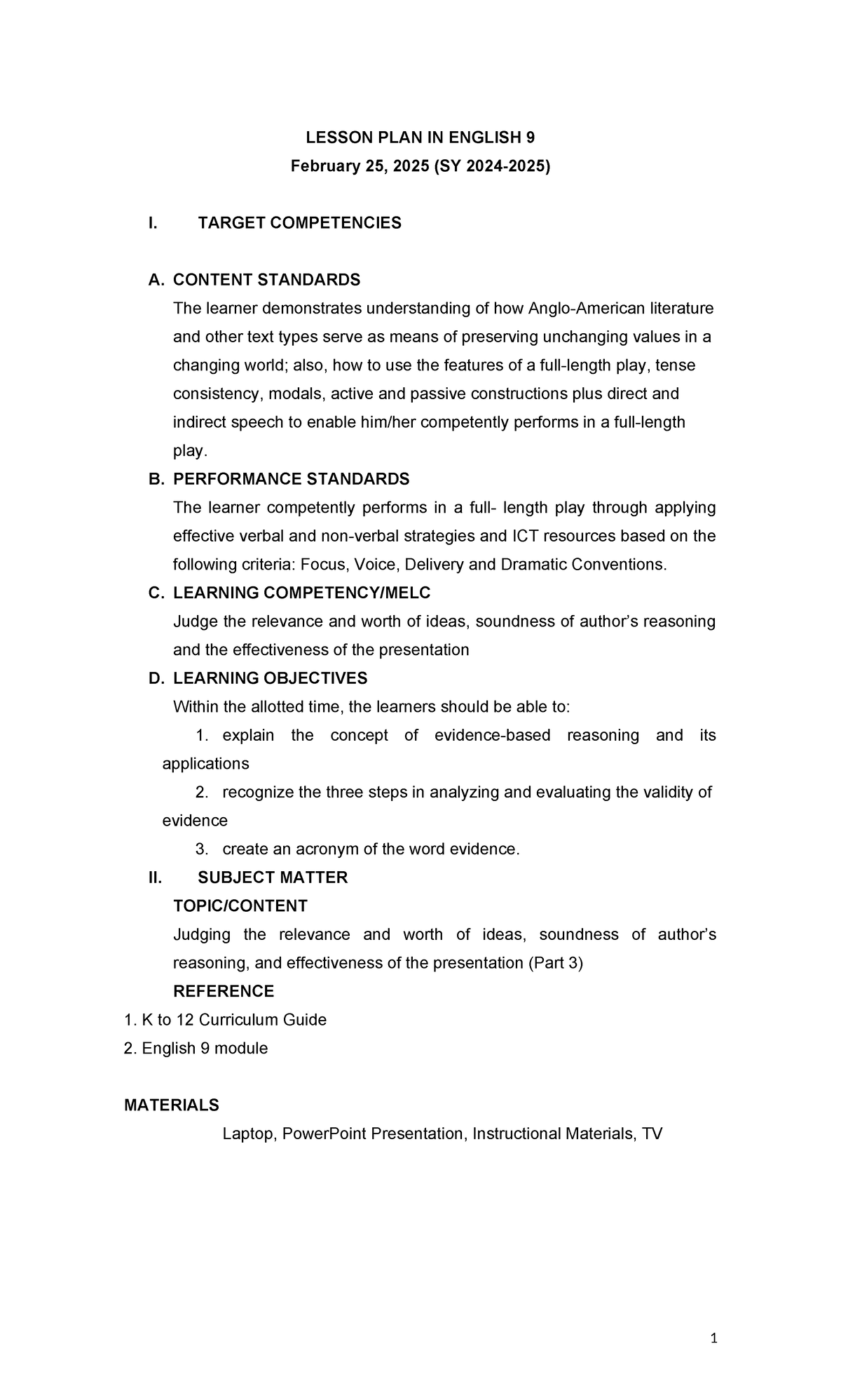 English 9 Lesson Plan: Analyzing Arguments & Evidence (Feb 25, 2025 ...