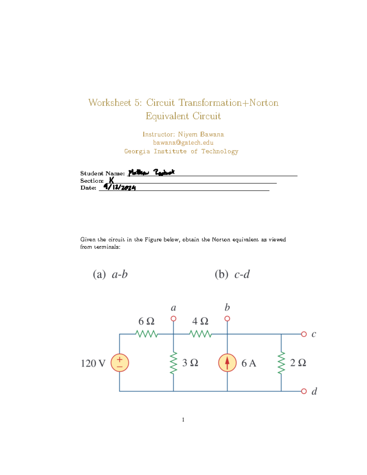 Worksheet 5 - ECE 3710 - Worksheet 5: Circuit Transformation+Norton ...