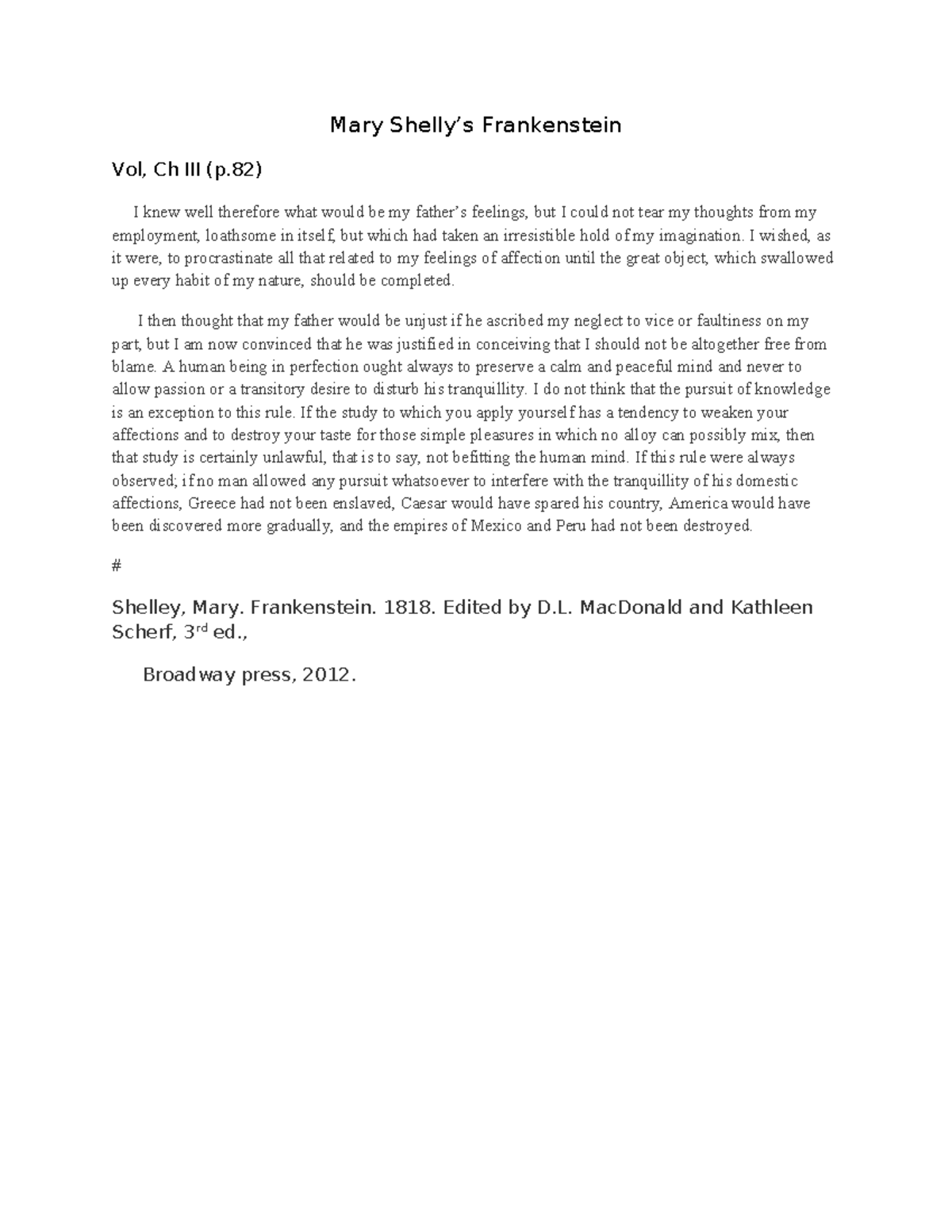 Mary Shelley's Frankenstein: Annotated Passage Analysis (Vol, Ch) - Studocu