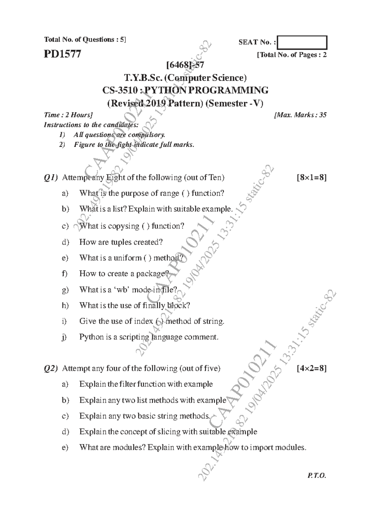 T.Y.B.Sc. (CS) PYTHON PROGRAMMING - April 2025 Past Year Questions ...