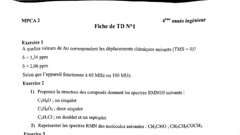 MPCA 2ème année Ingénieur Fiche TD Exercice RMN et Esters - Studocu