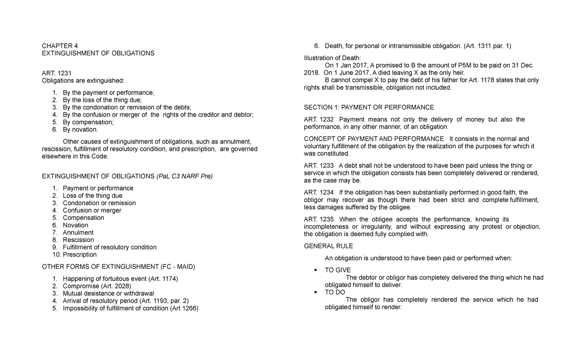 Chapter 4 - OBLICON: Extinguishment of Obligations Notes - Studocu