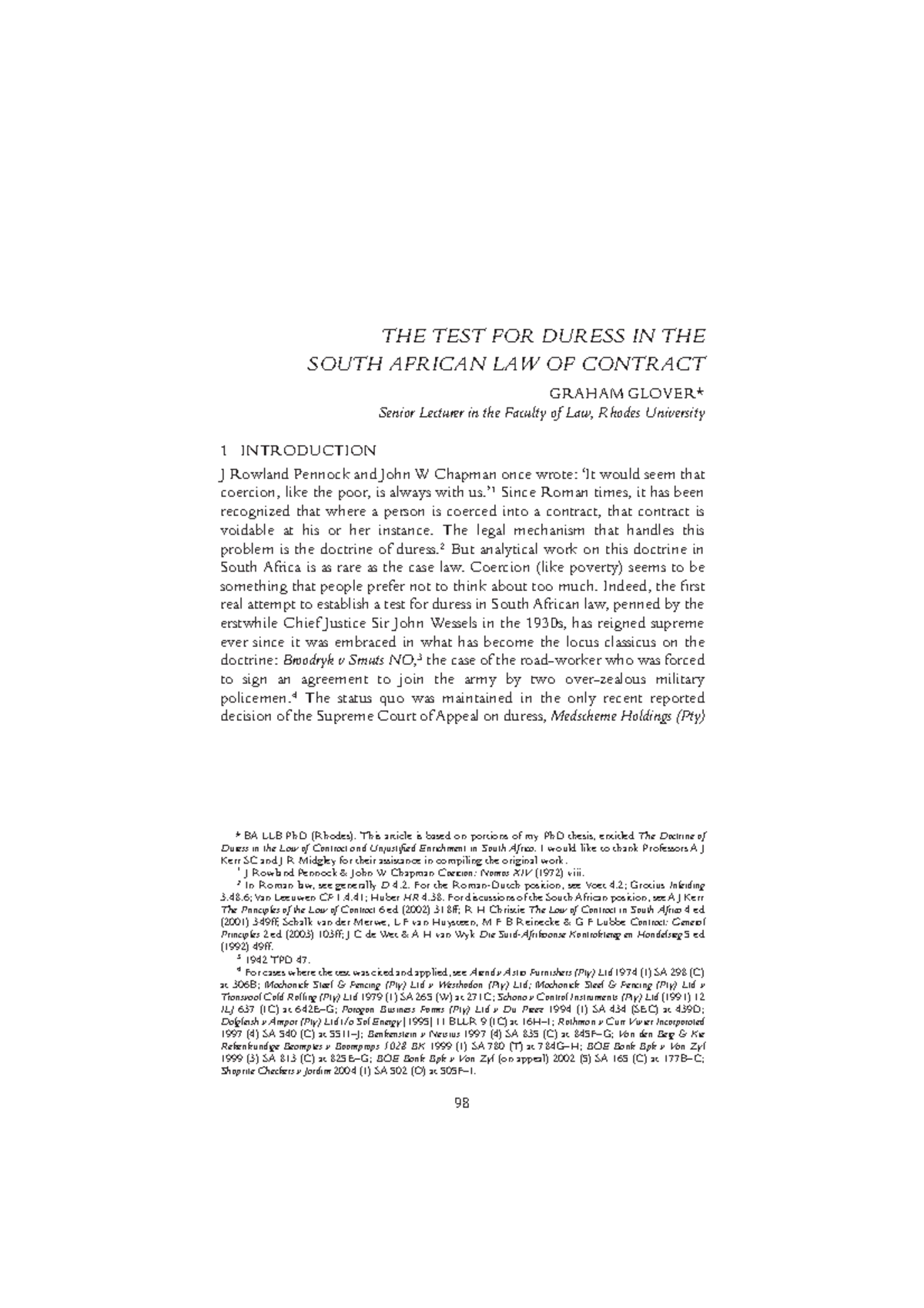 The Test for Duress in South African Contract Law: A Critical Analysis ...