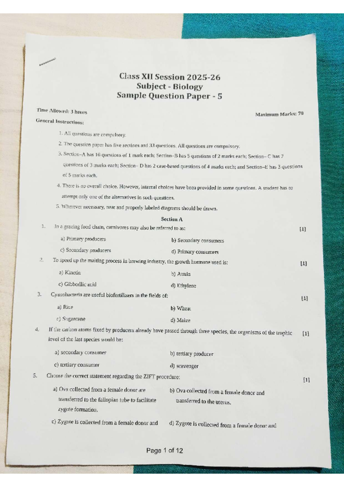 Class XII Biology Sample Question Paper 5 - 3 Hours, 70 Marks - Studocu