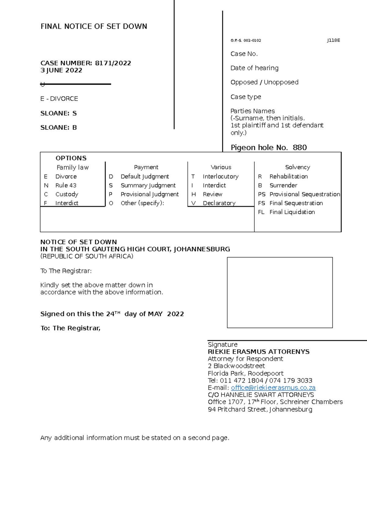 RE5673 - Final Notice of Set Down for Case No. 8171/2022 - Studocu