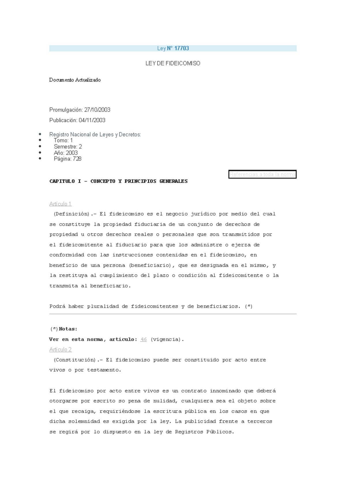 Ley 17703: Análisis y Principios de la Ley de Fideicomiso - Studocu