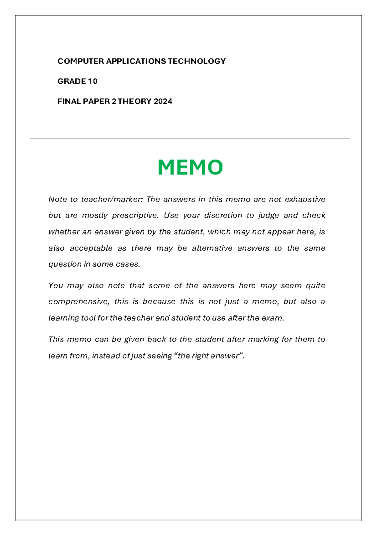 COMPUTER APPLICATIONS TECHNOLOGY GRADE 10 FINAL PAPER 2 THEORY 2024 ...