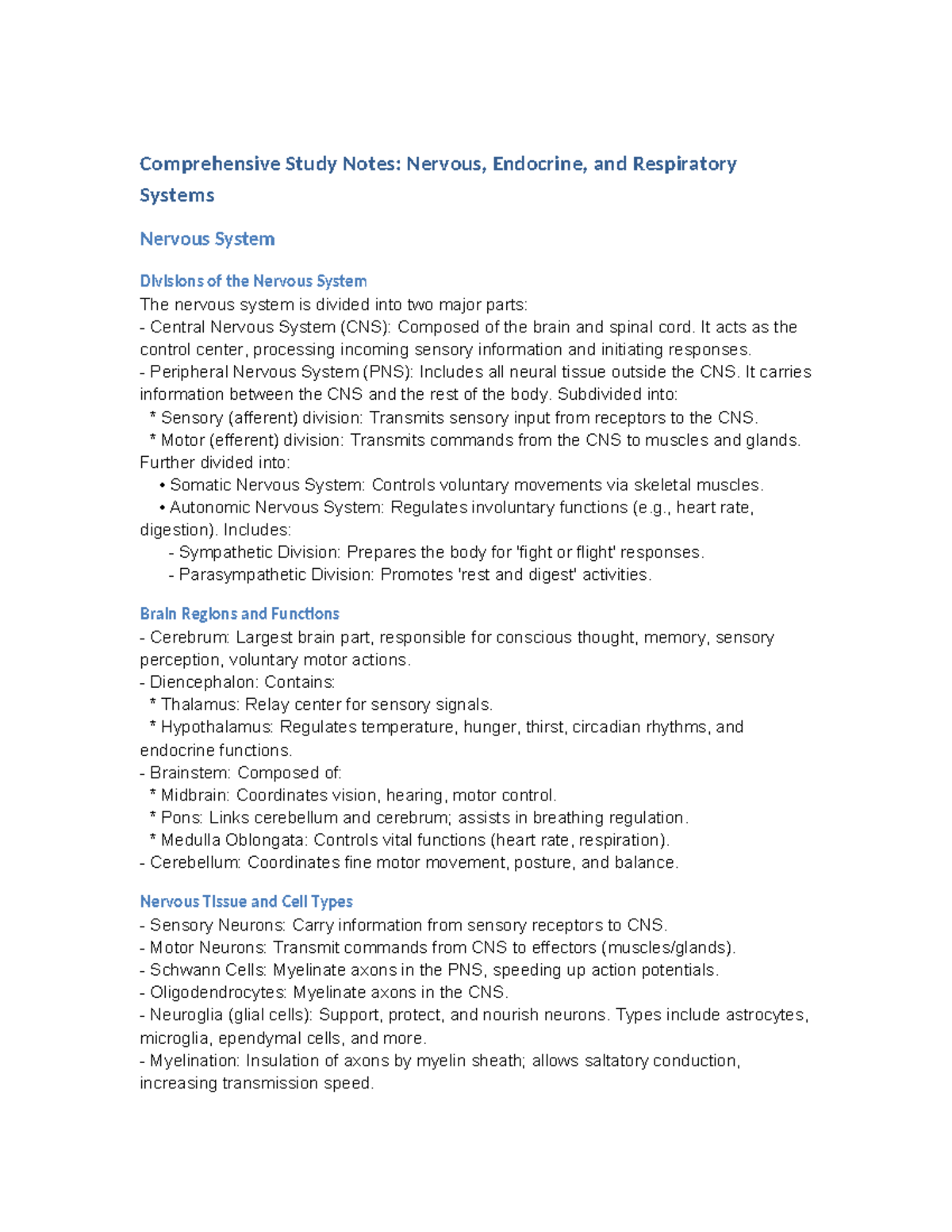 Comprehensive Study Notes: Nervous, Endocrine & Respiratory Systems ...