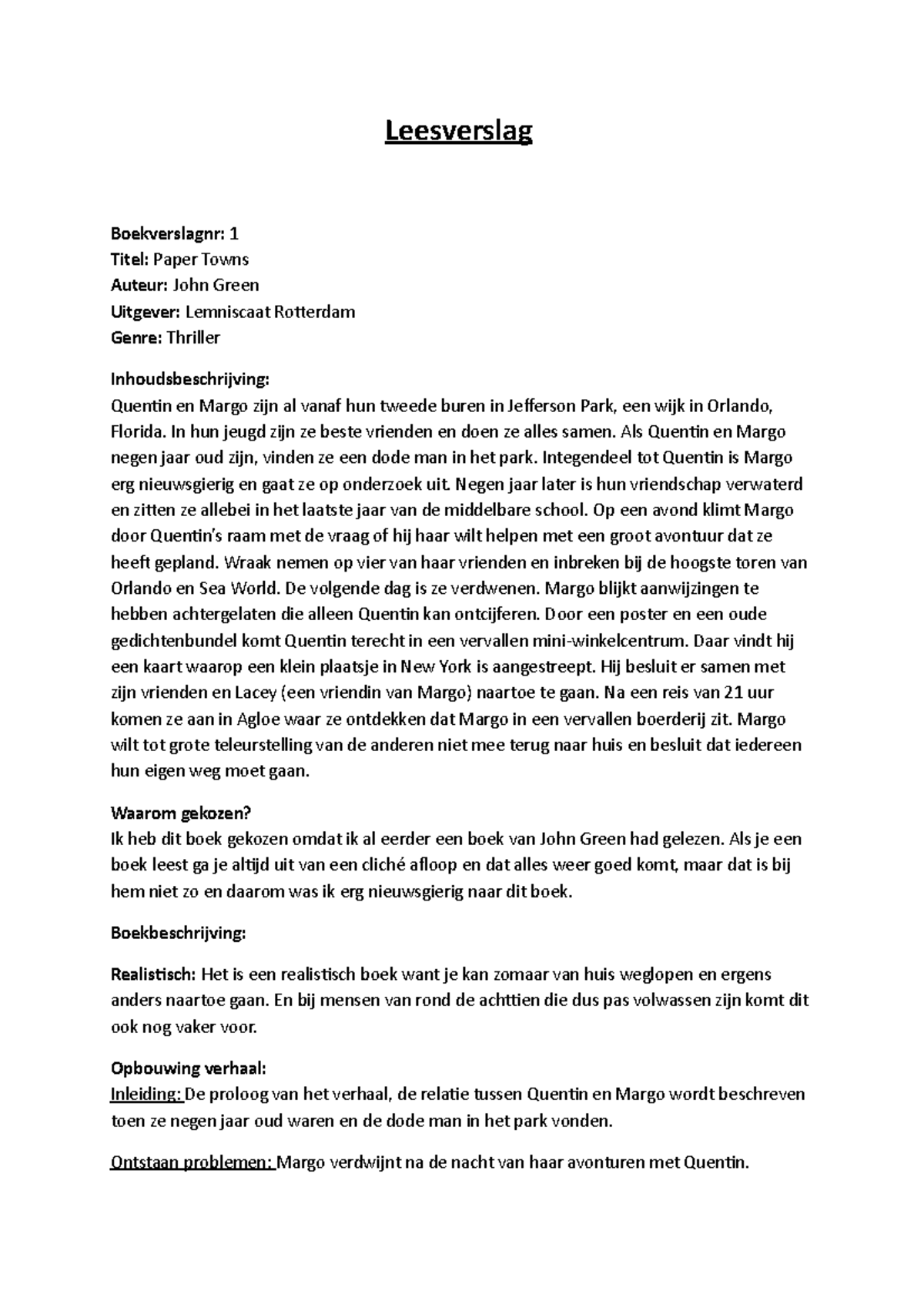 Leesverslag 1: Paper Towns van John Green - Analyse en Inhoud - Studeersnel