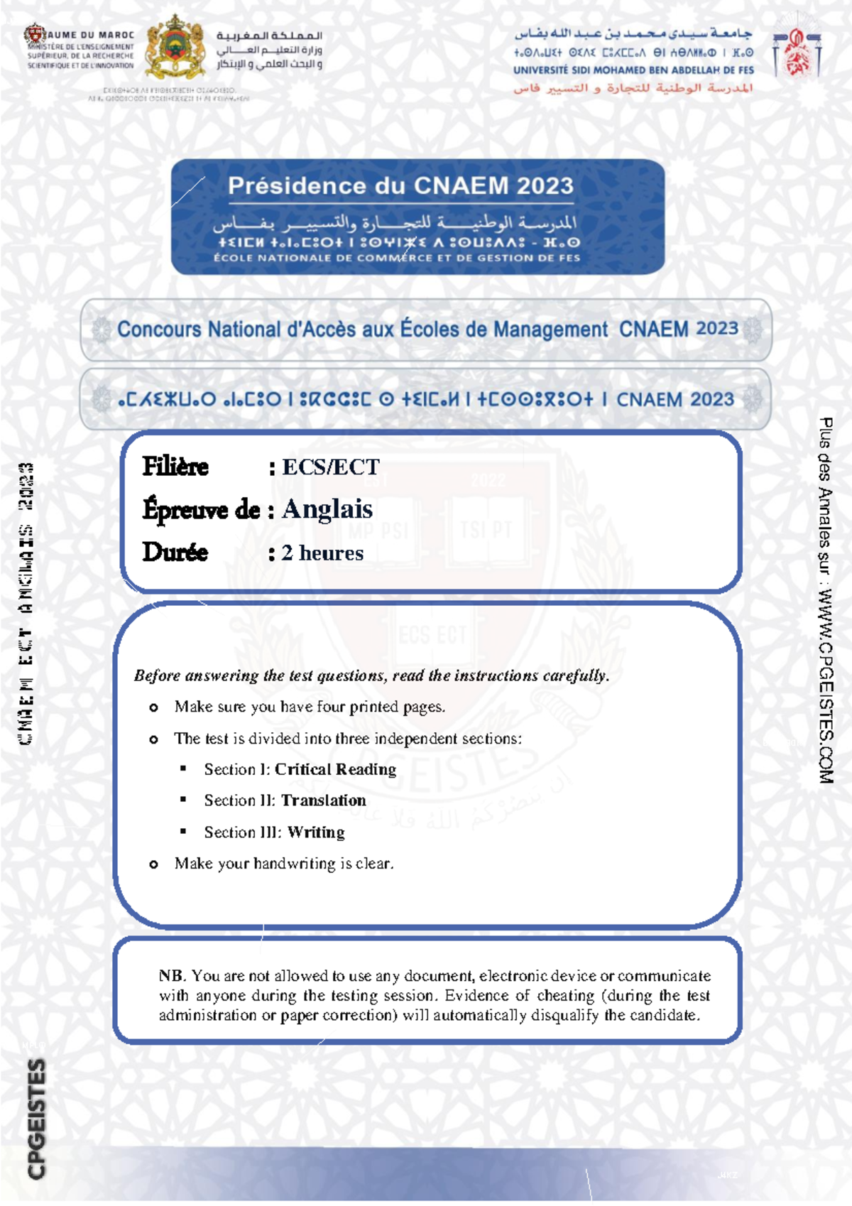 Anglais 6R34Q Exam: Critical Reading, Translation & Writing Sections ...