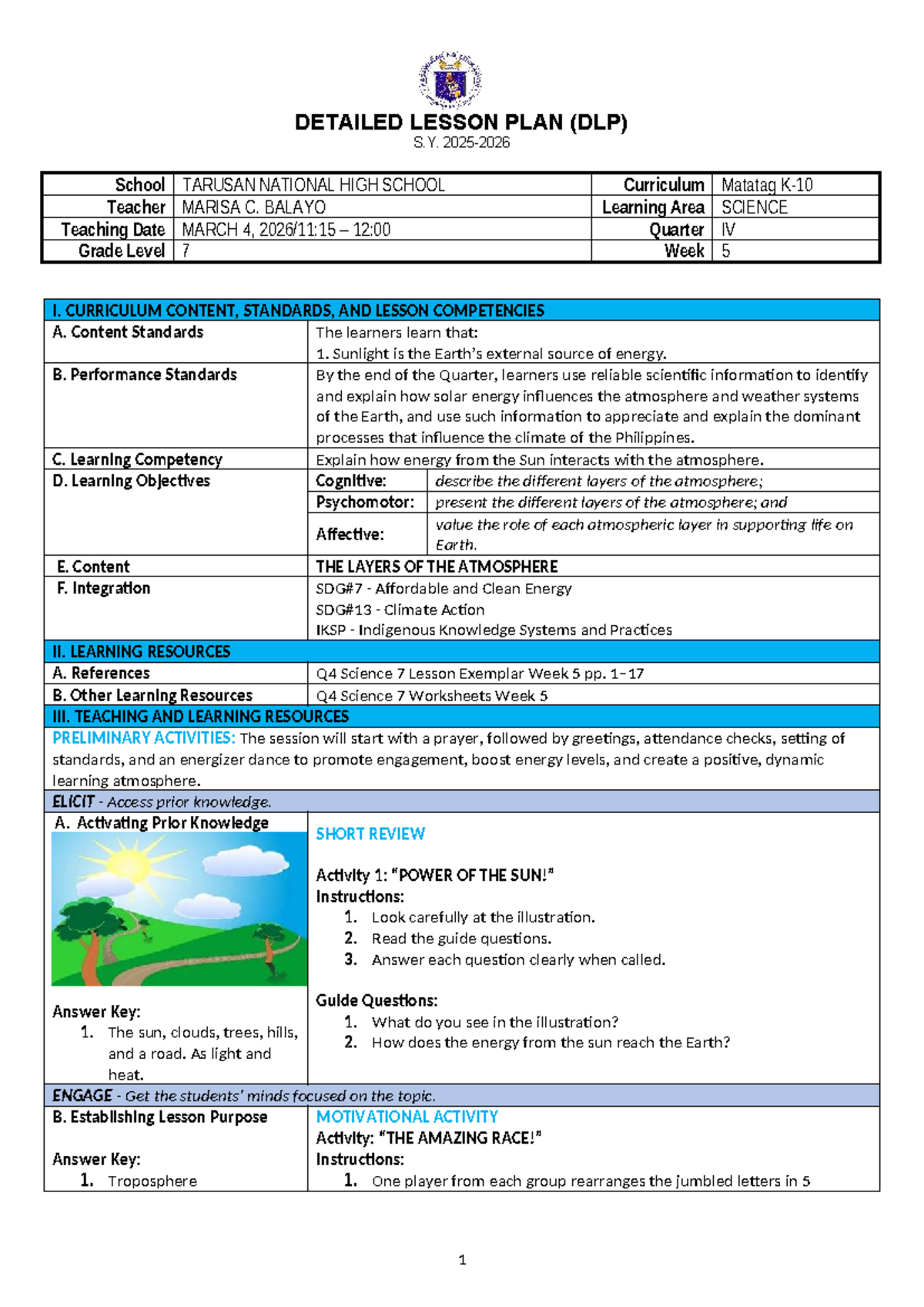 DETAILED LESSON PLAN (DLP) FOR SCIENCE IV: THE ATMOSPHERE - Studocu
