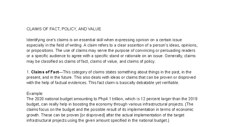 CLAIMS OF FACT, POLICY, AND VALUE: Understanding Types of Claims - Studocu