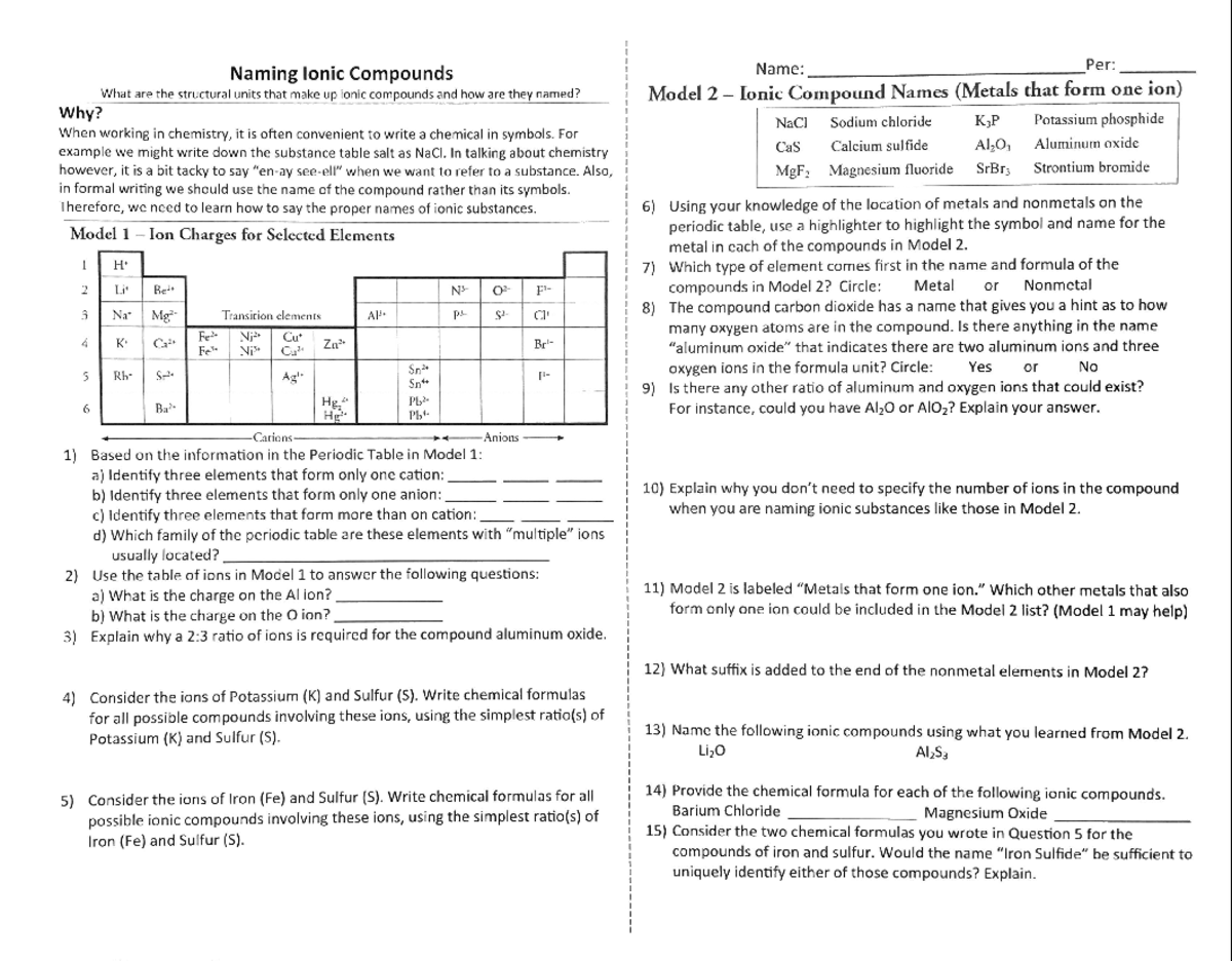 Ionic Compound Naming Practice Worksheet (Chemistry 101) - Studocu