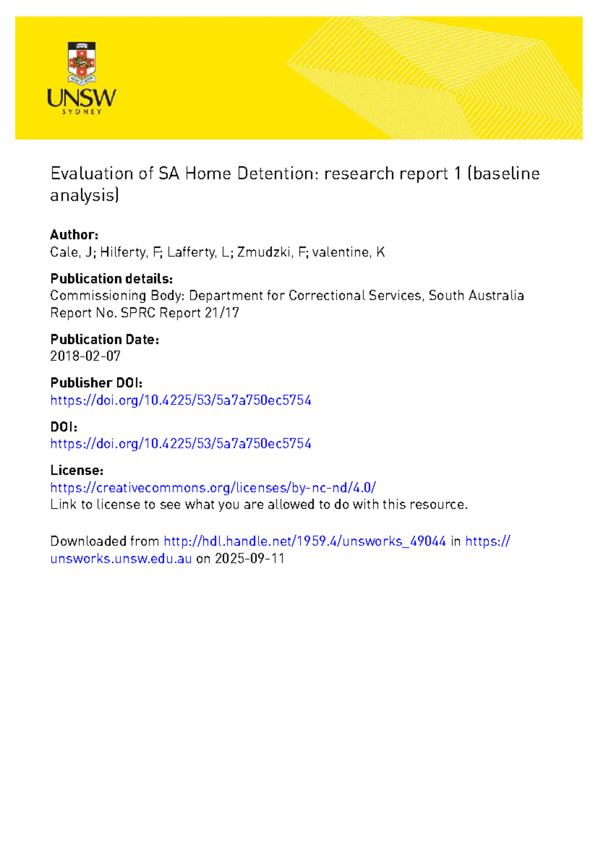 Home Detention Evaluation in South Australia: Research Report 1 ...