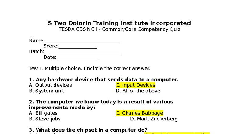 Quiz 2 - Reviewer for TESDA CSS NCII Competency Test - Studocu