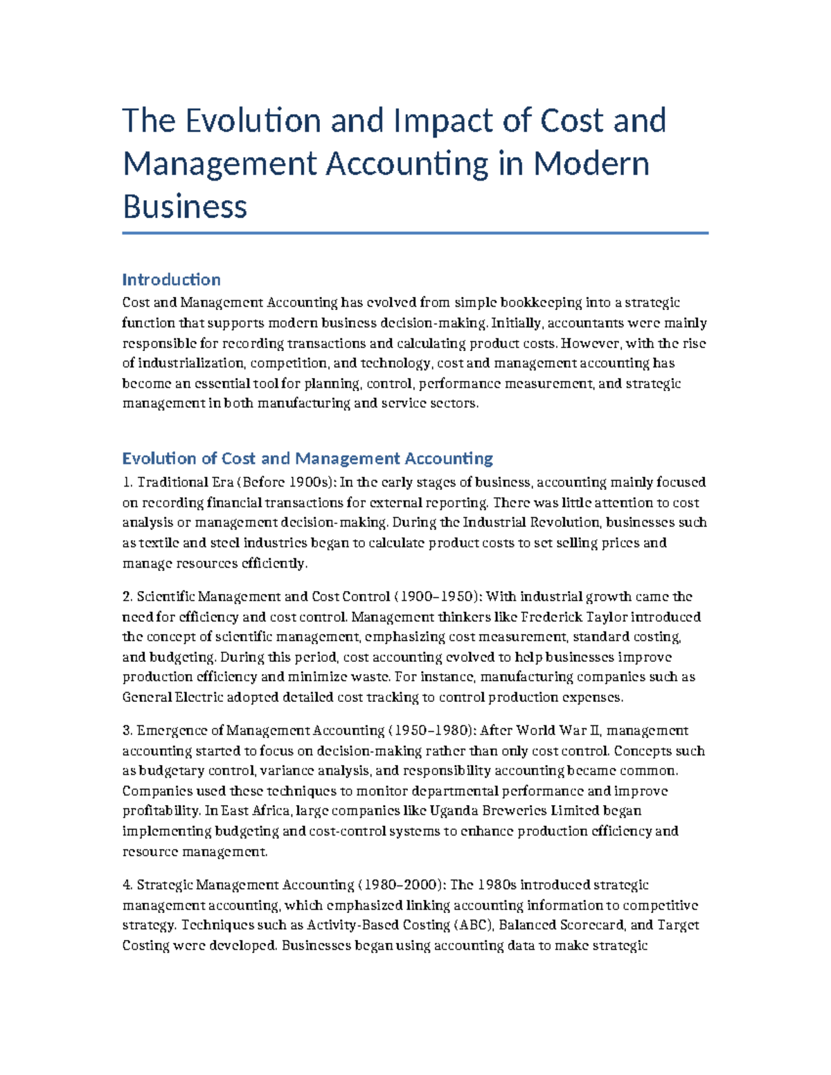 Evolution and Impact of Cost & Management Accounting (ACCT 101) - Studocu