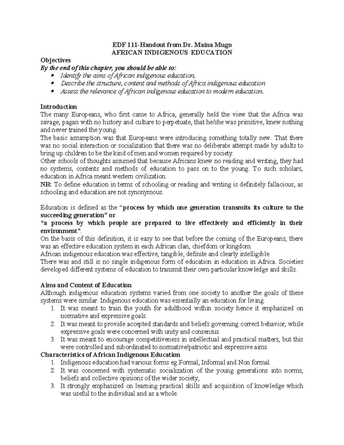 EDF111: African Indigenous Education - Objectives and Historical ...