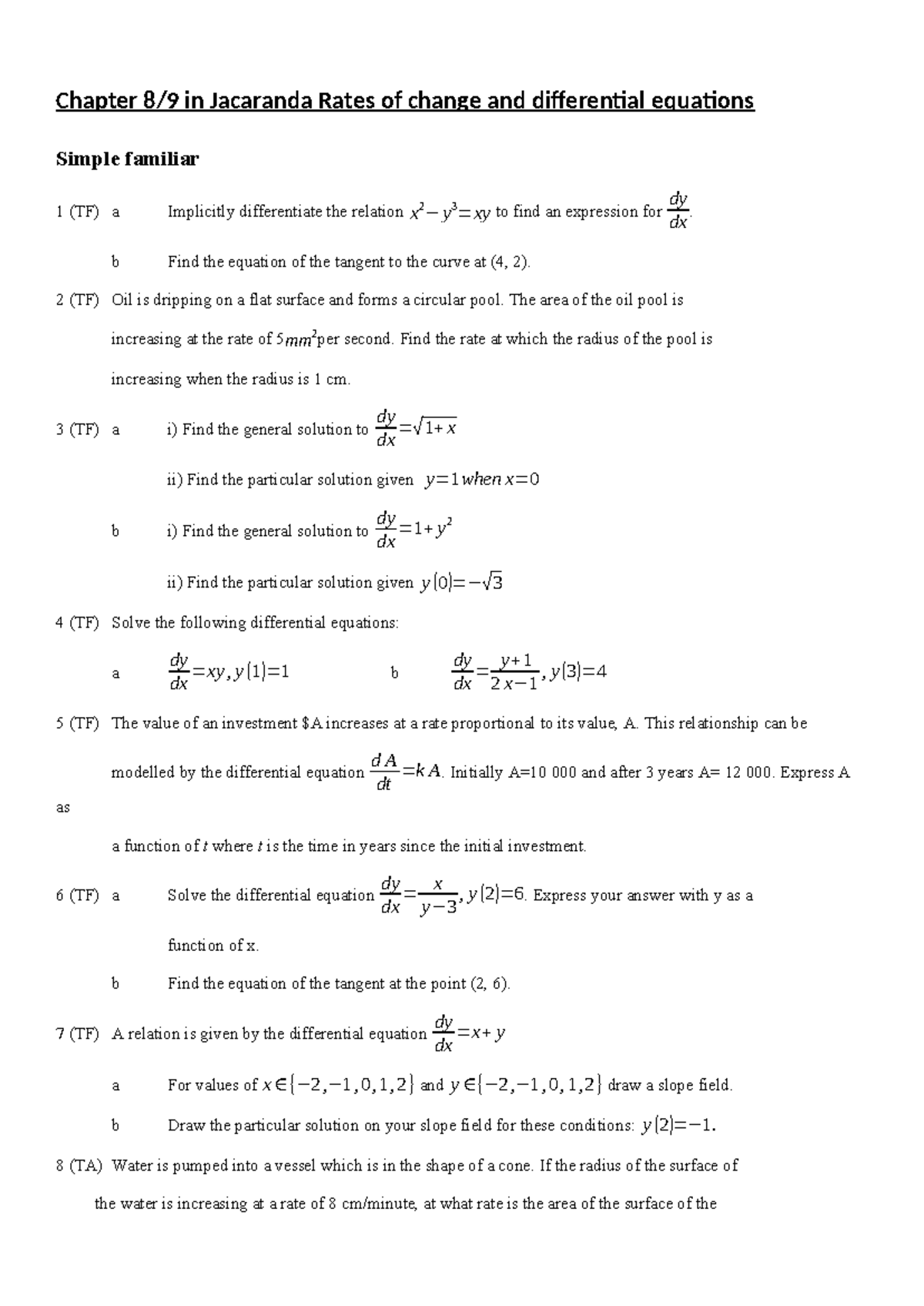 Ch8 9 Review: Rates of Change & Differential Equations (TF) - Studocu