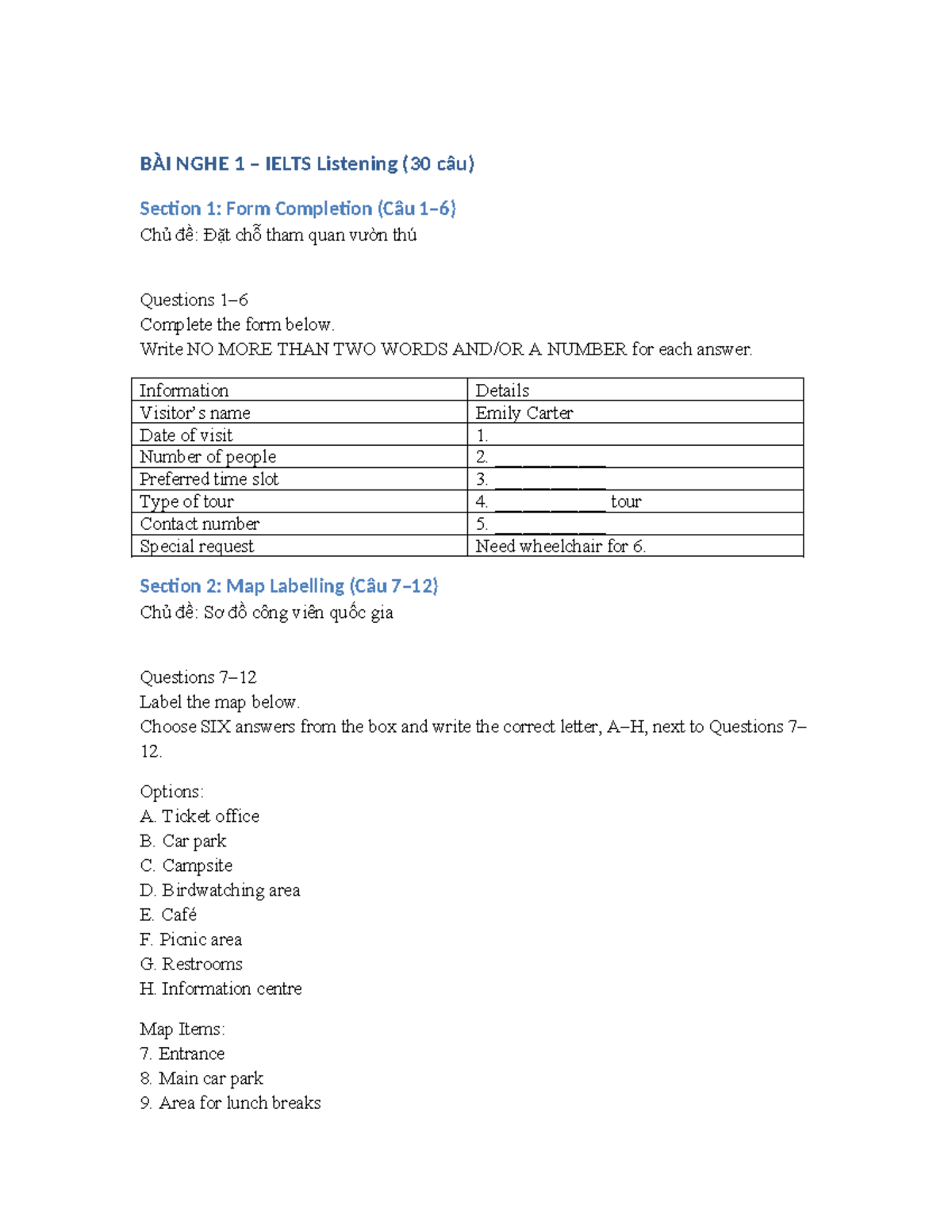BÀI NGHE 1 IELTS Listening: Form Completion & Map Labelling - Studocu