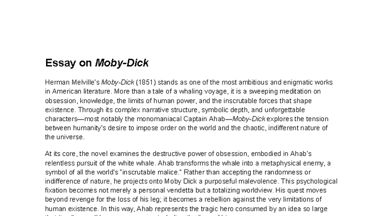 Essay on Moby-Dick (ENG 101): Obsession and Human Limits - Studocu