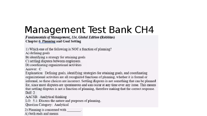 Management Test Bank CH4: Key Concepts in Planning & Goal Setting - Studocu