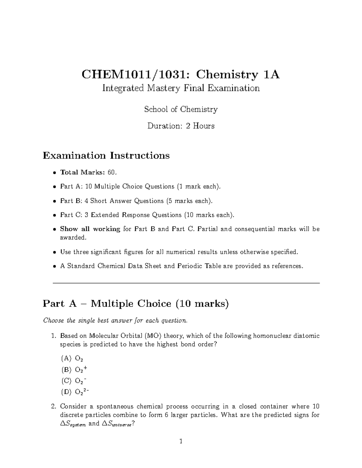 Chemistry 1A Final Exam (Integrated Mastery) - School of Chemistry ...