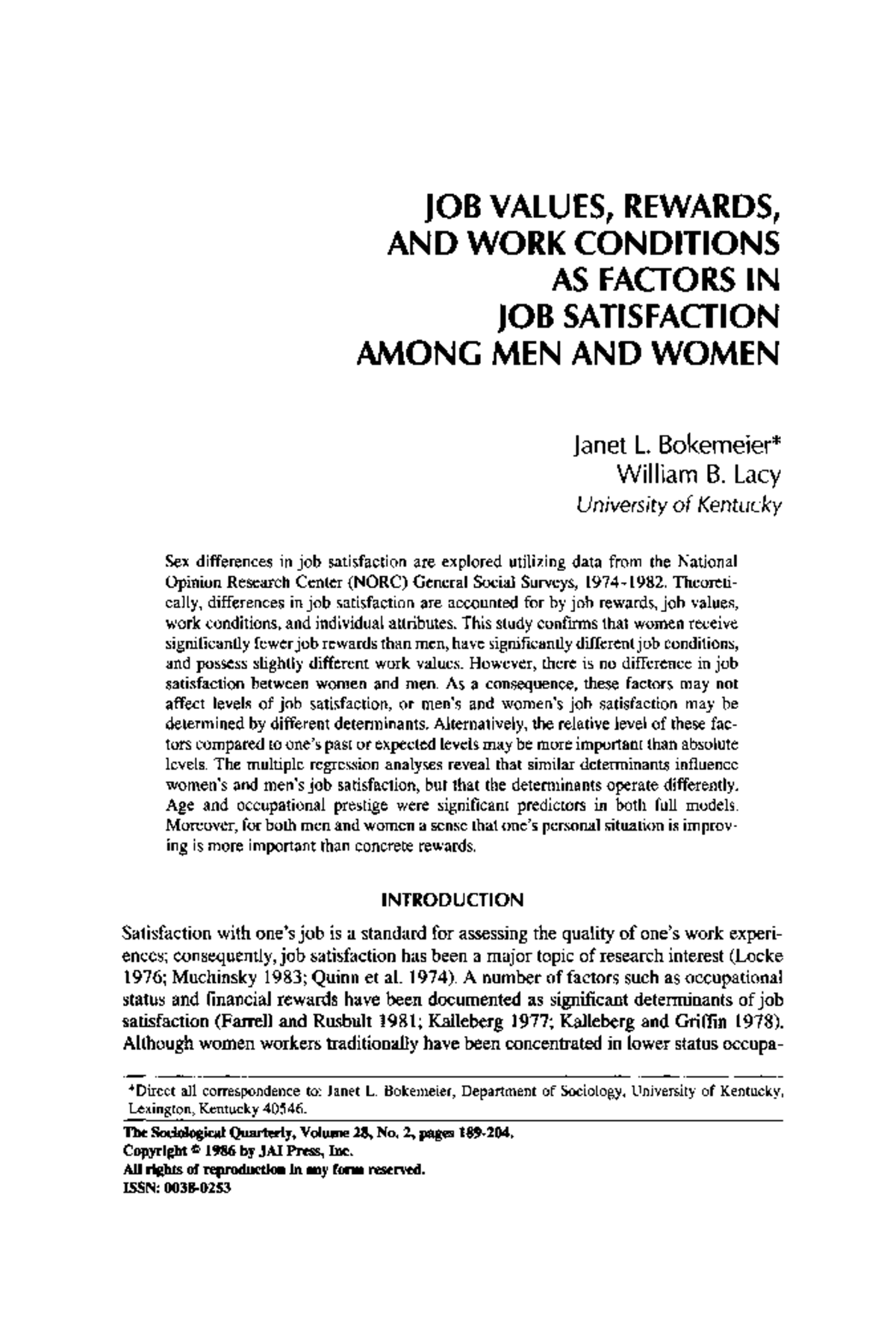 JOB VALUES, REWARDS, AND WORK CONDITIONS IN JOB SATISFACTION AMONG MEN ...