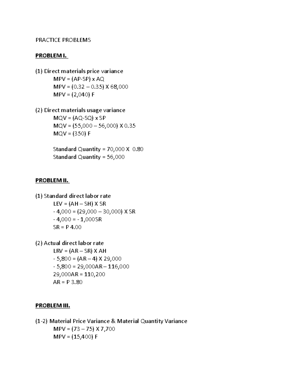 ACCT 2010: Practice Problem Solutions on Variance Analysis - Studocu