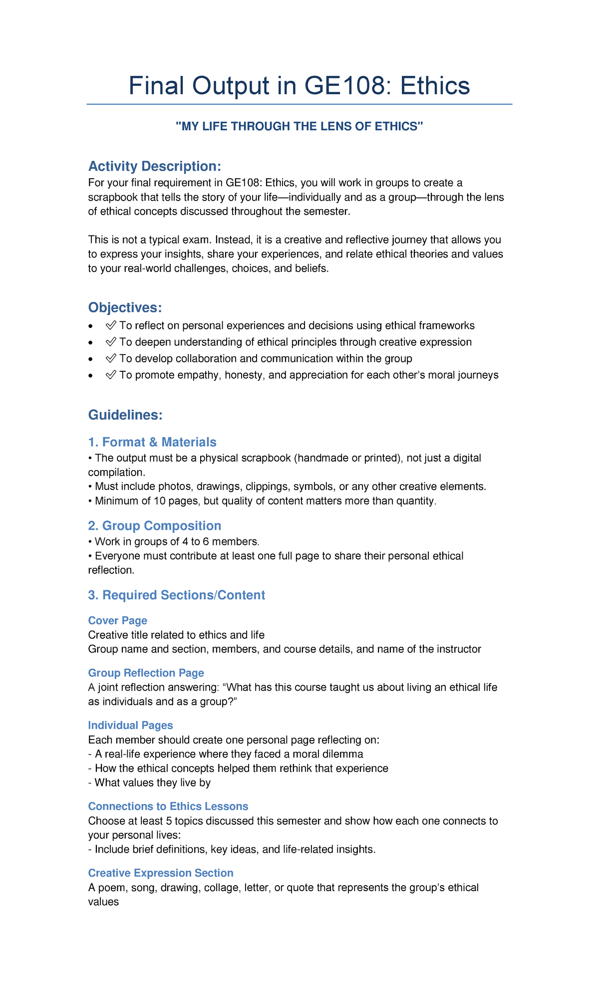 GE108: Ethics Final Output - Creative Scrapbook Project Guidelines - Studocu