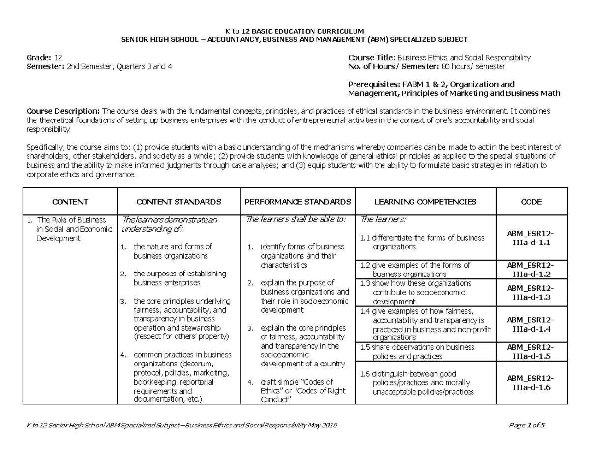 K to 12 SHS ABM Specialized Subject: Business Ethics & Social ...