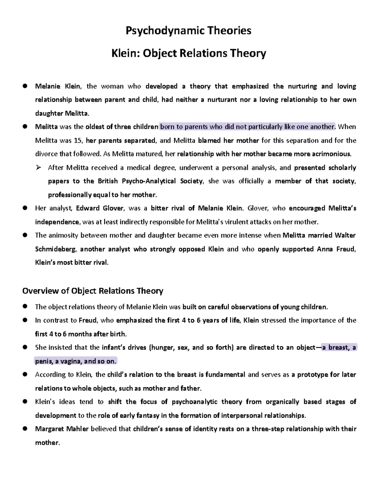 Klein's Object Relations Theory: Insights and Implications (110107 ...
