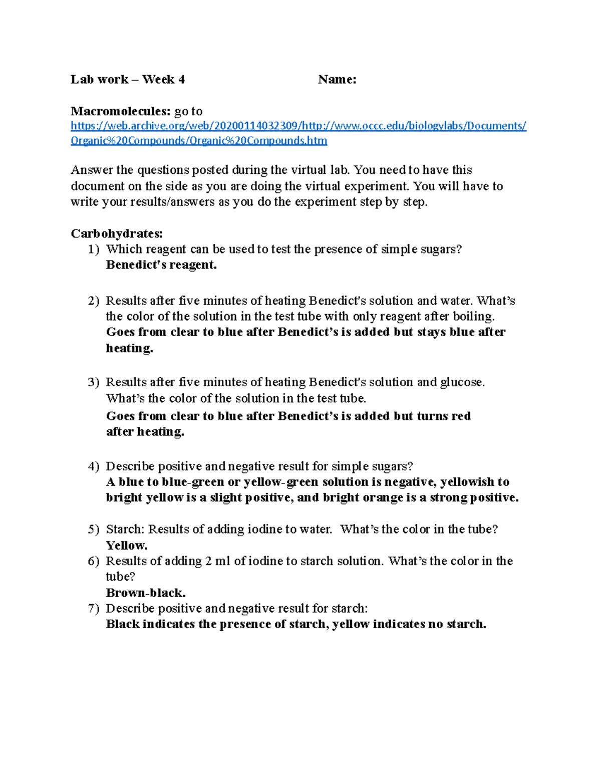 Lab week 4 - Macromolecules lab - Lab work – Week 4 Name ...