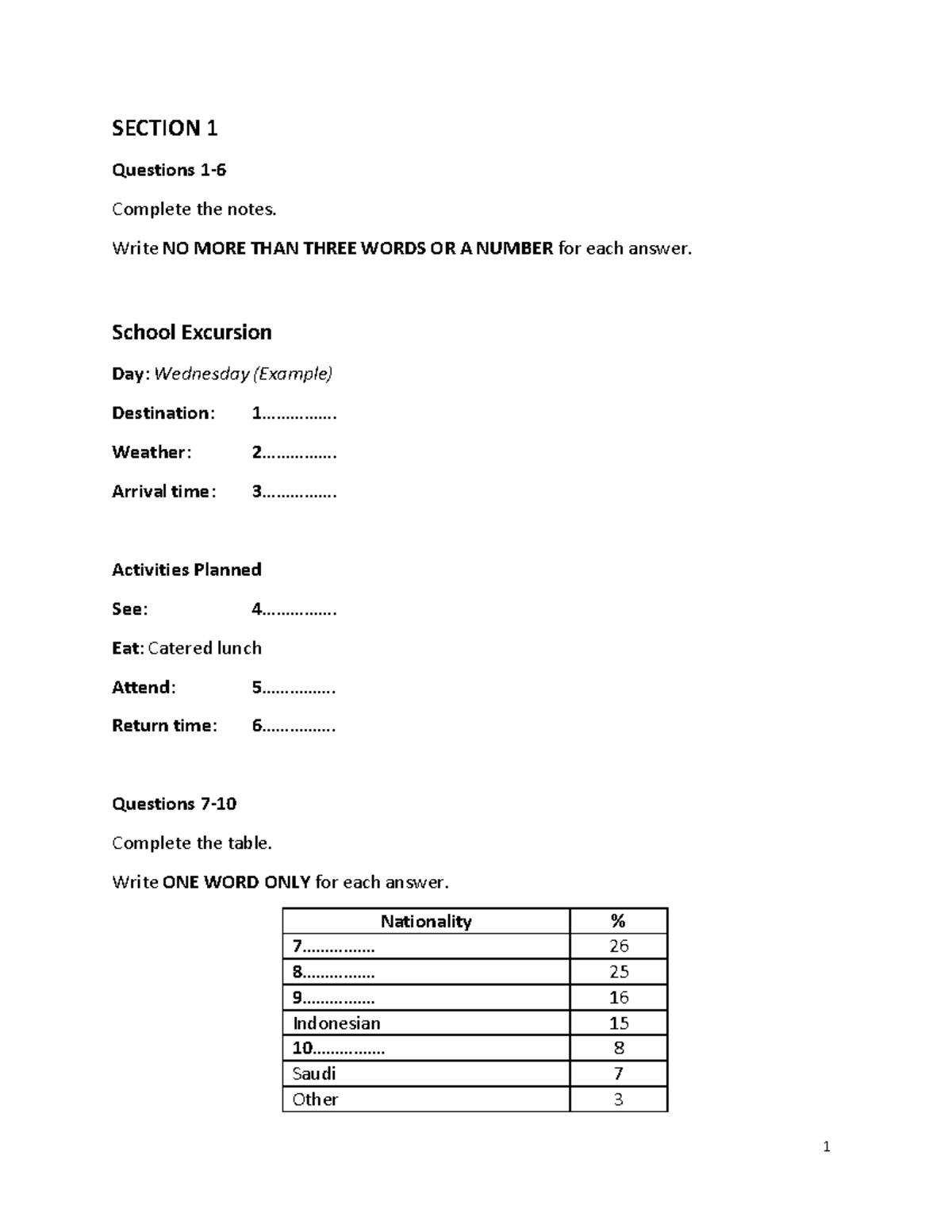 Recent Test 1: School Excursion & Timetable Questions - Studocu
