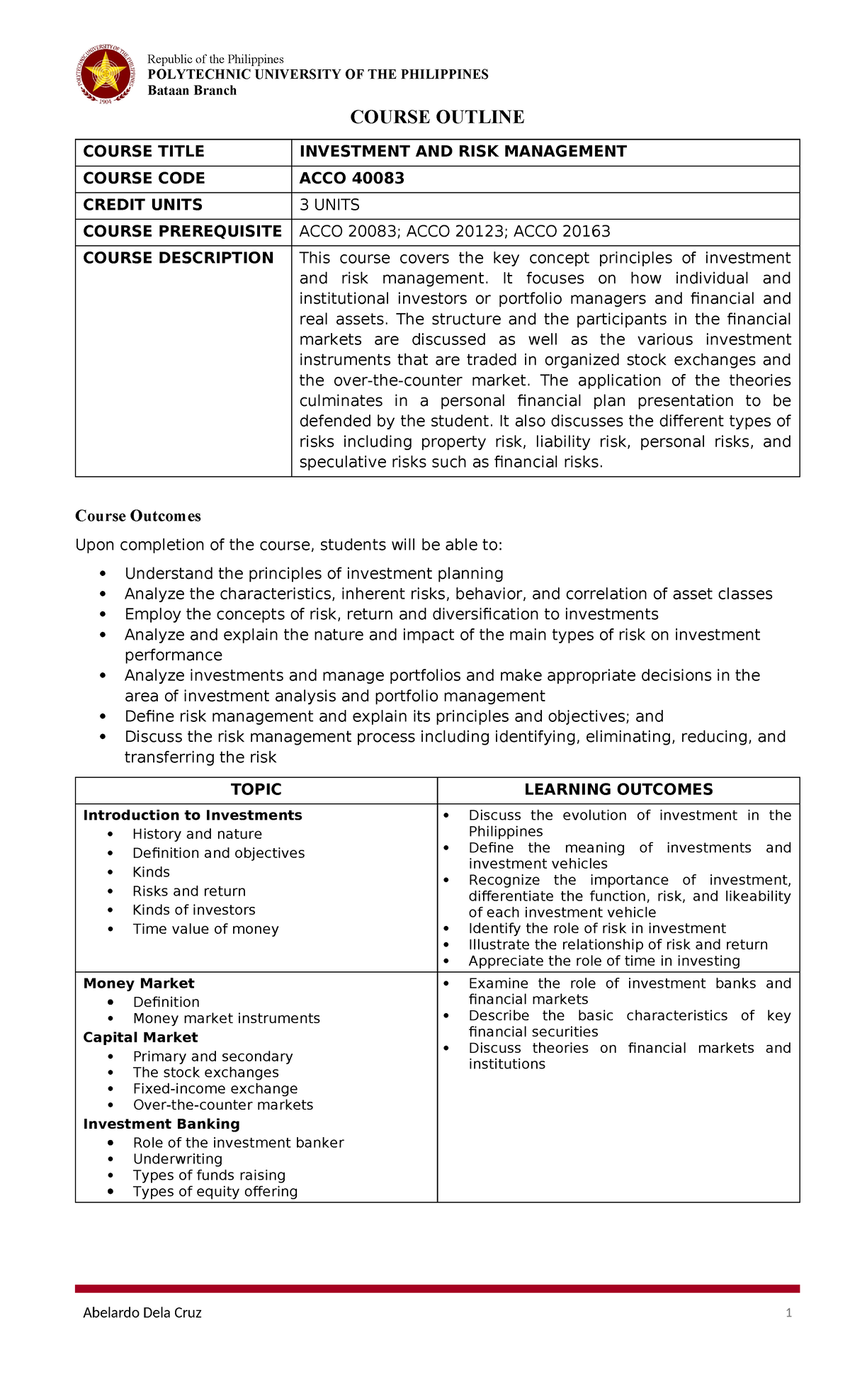 ACCO 40083: Course Outline for Investment and Risk Management - Studocu