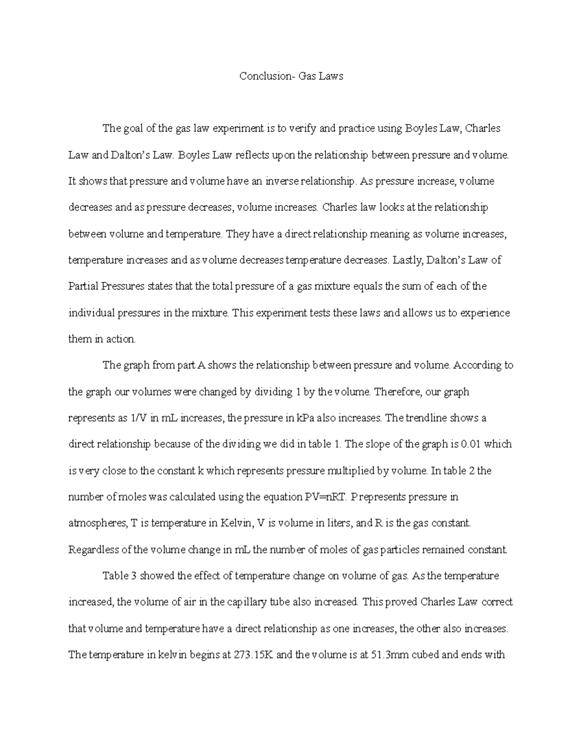 Gas Laws Conclusion: Verifying Boyle’s, Charles’, and Dalton’s Laws - Studocu