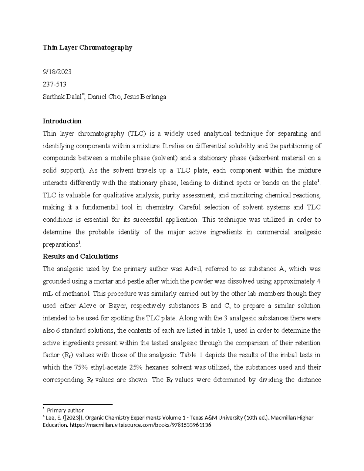 TLC Lab Report: Analyzing Active Ingredients in Analgesics - Studocu