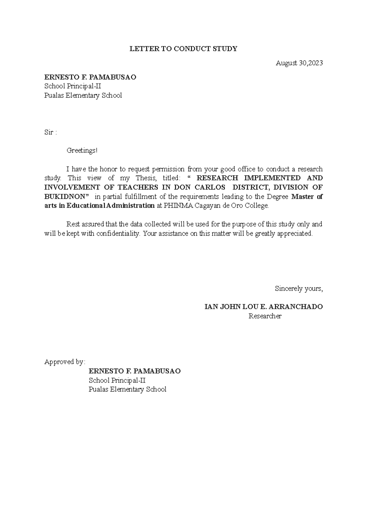 Letter to Conduct Research Study for Master of Arts in Edu Admin - Studocu